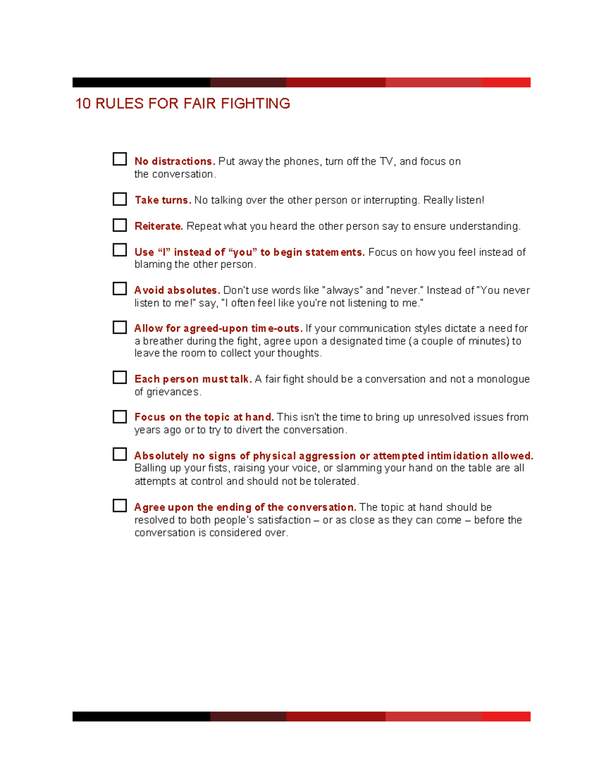 3942 10 Rules for Fair Fighting - No distractions. Put away the phones ...