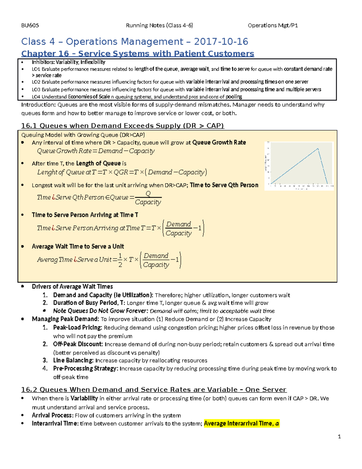 BU605 Notes 2 - Class 4 – Operations Management – 2017-10- Chapter 16 ...