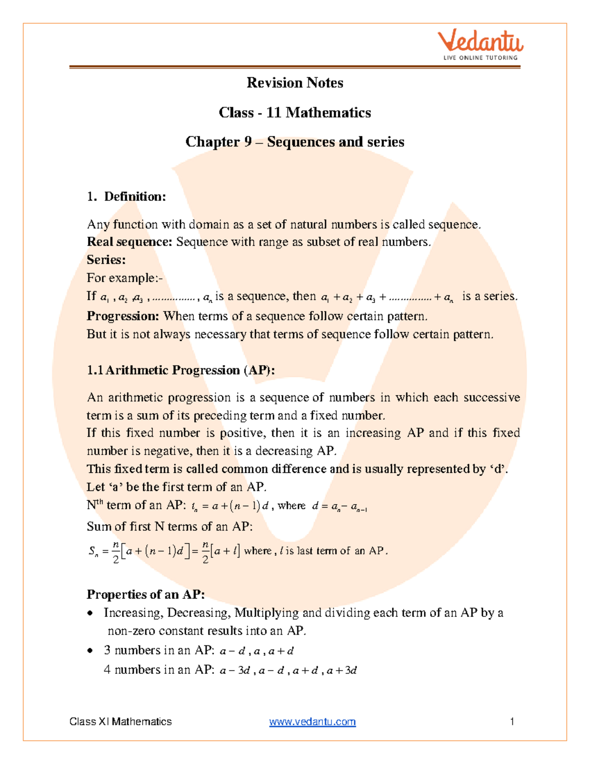 Class 11 Maths Revision Notes Sequences and Series - Revision Notes ...