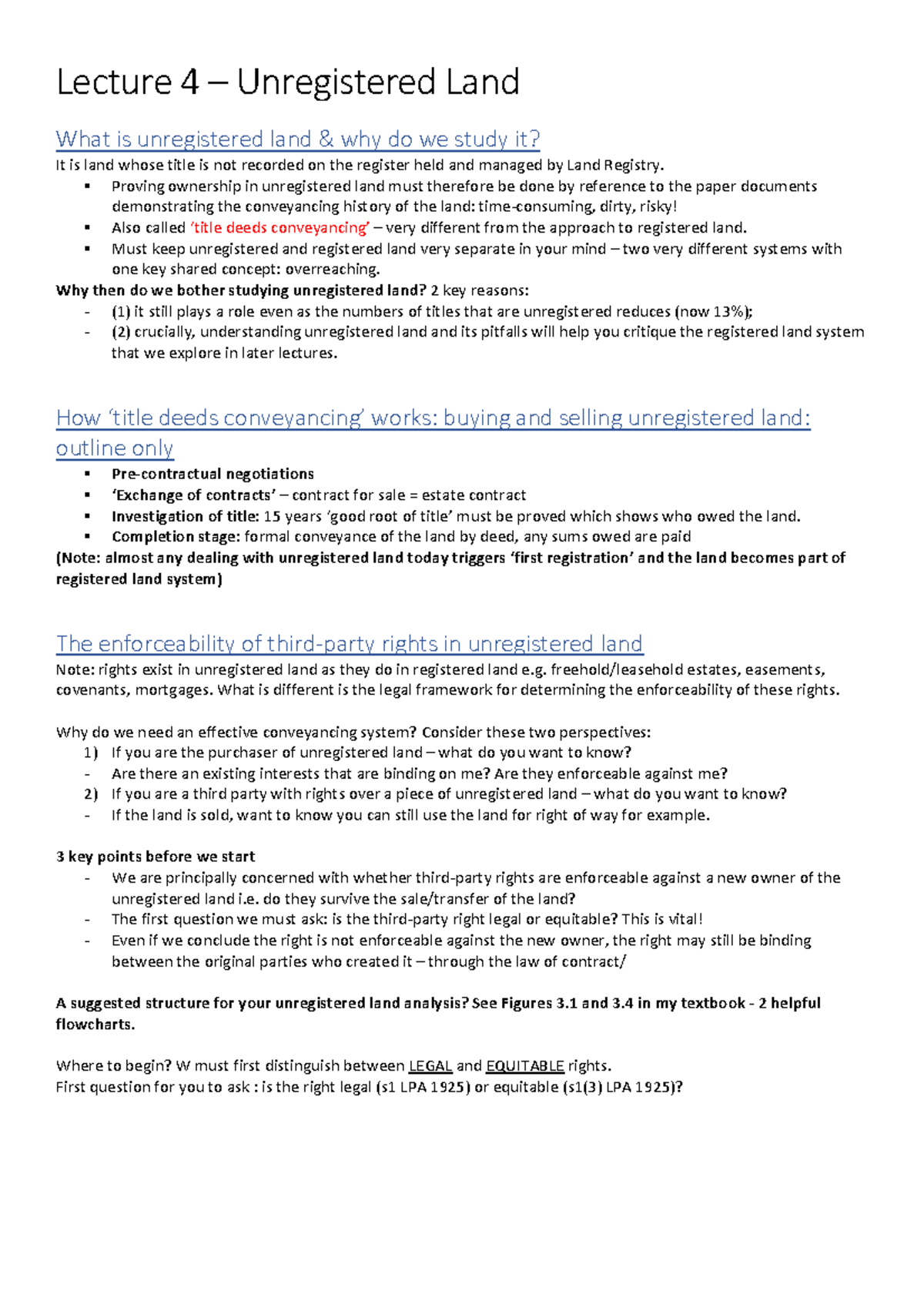 Unregistered Land lecture 4 notes - Lecture 4 3 Unregistered Land What ...