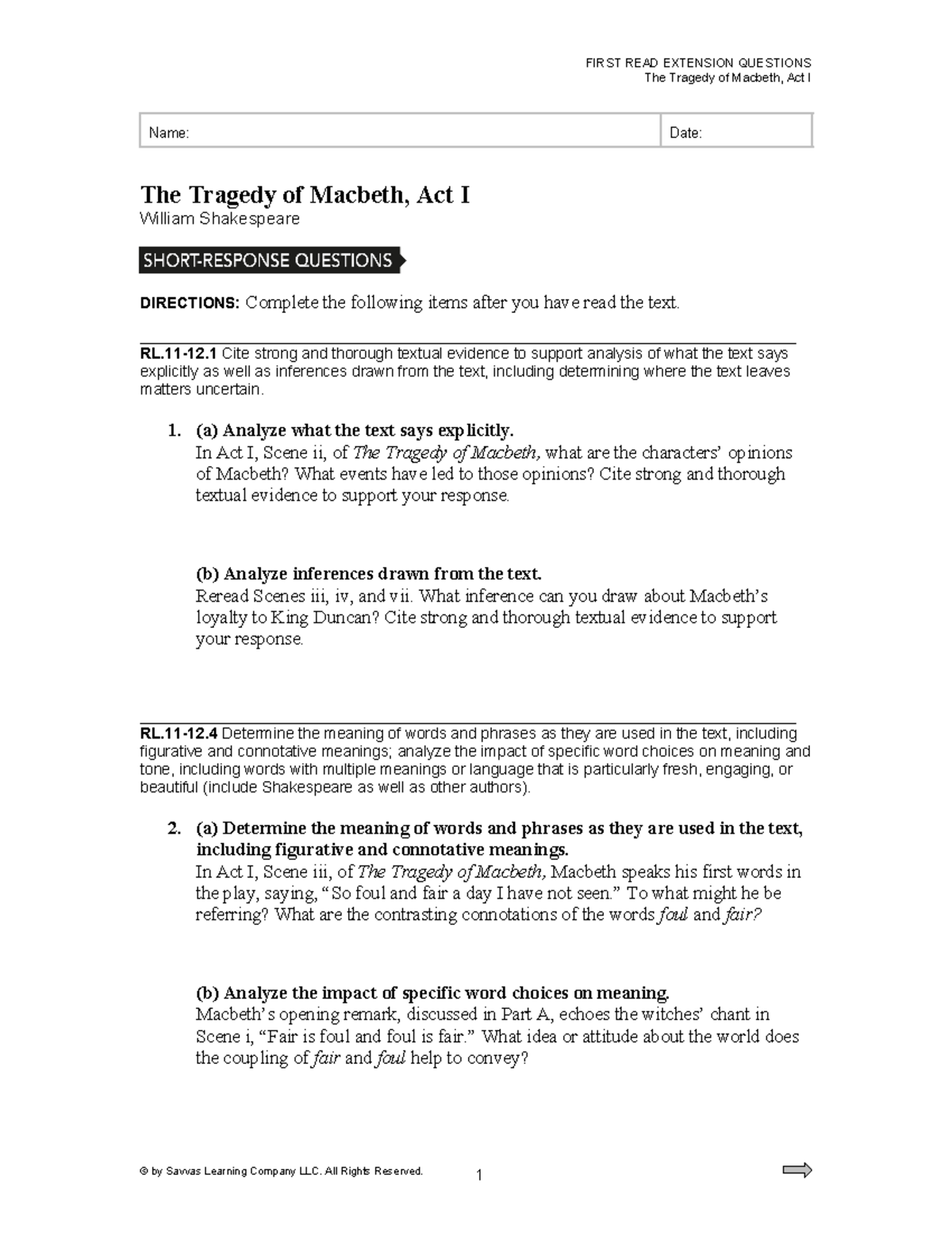 My P-NV C1 G12U3A Shakespeare ACT1 - FIRST READ EXTENSION QUESTIONS The ...