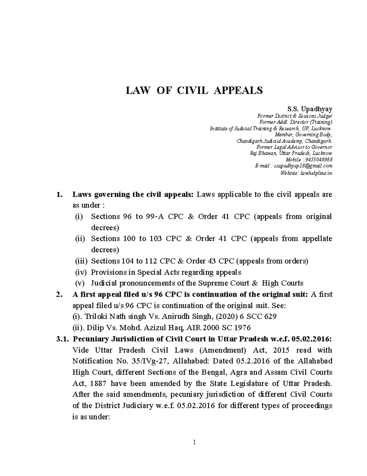 Appeal( Civil) - LAW OF CIVIL APPEALS S. Upadhyay Former District ...