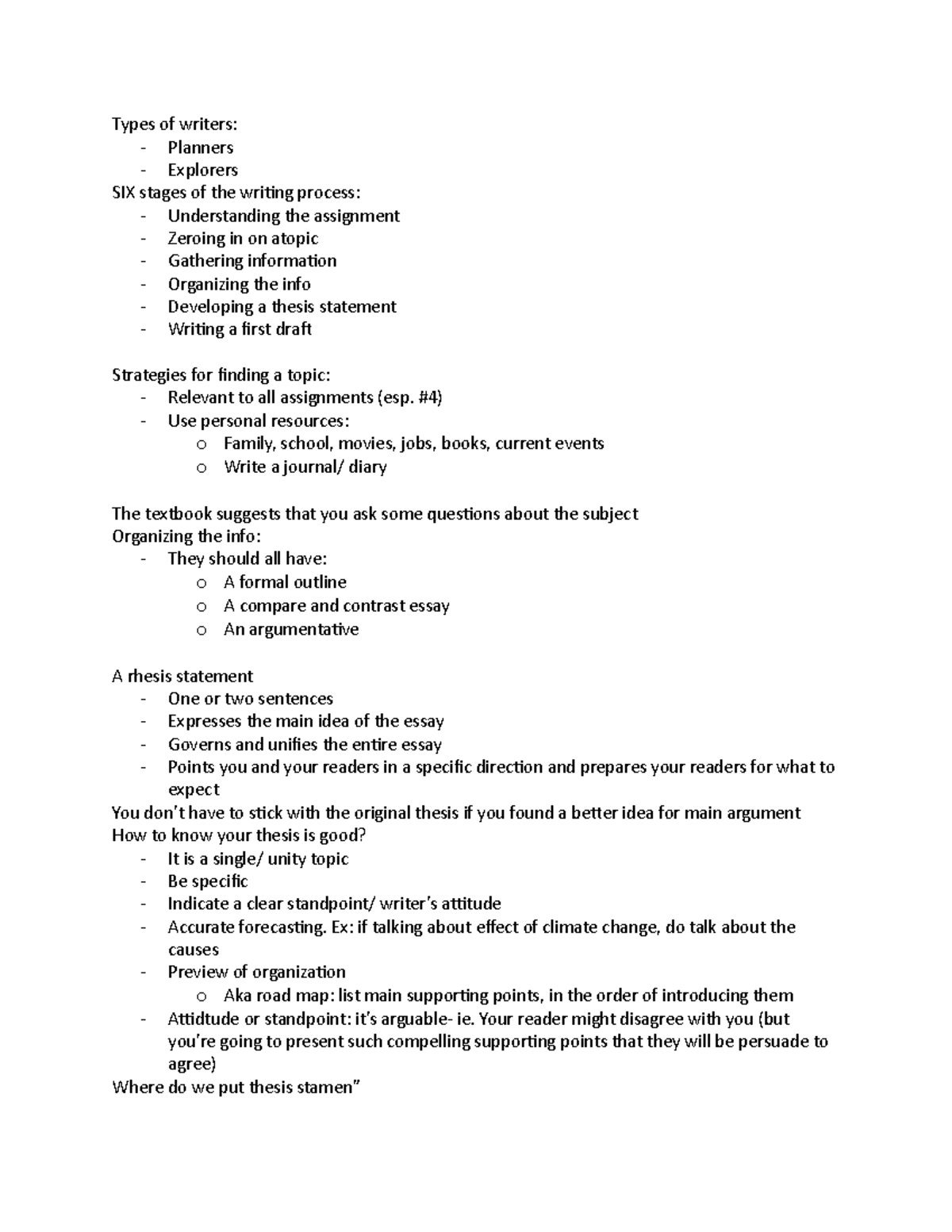 Chapter 2 notes - Types of writers: - Planners - Explorers SIX stages ...