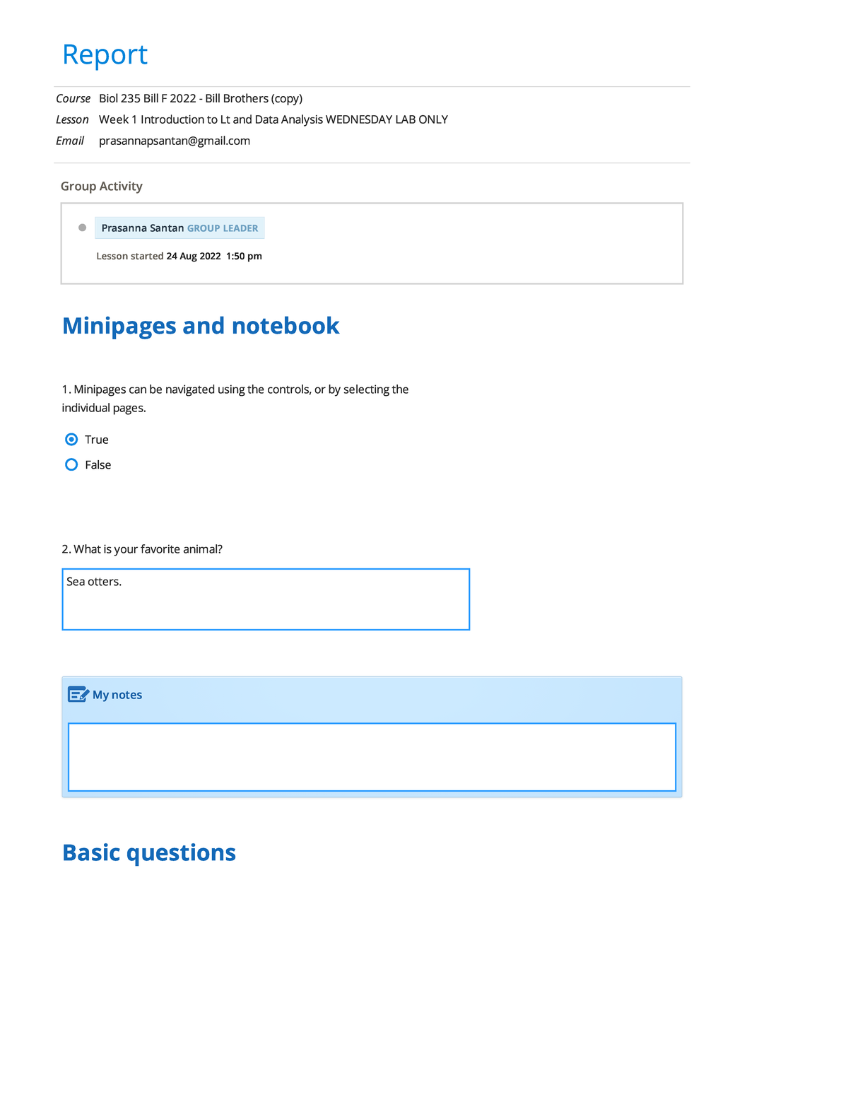 Week 1 Introduction to Lt and Data Analysis Wednesday LAB ONLY report - Report Co u r se Biol 2 ...