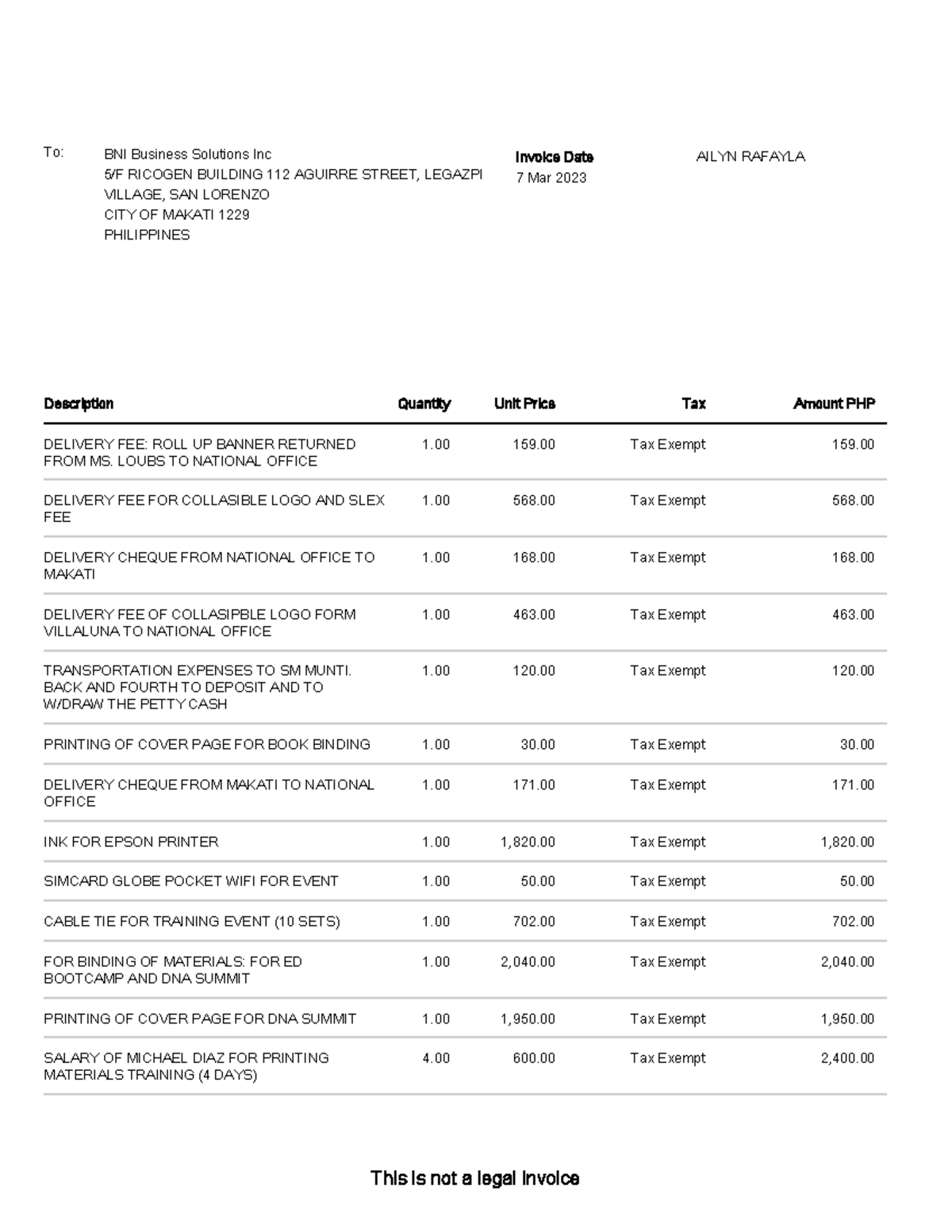 Invoice 07032023 - sample disbursement - This is not a legal invoice ...