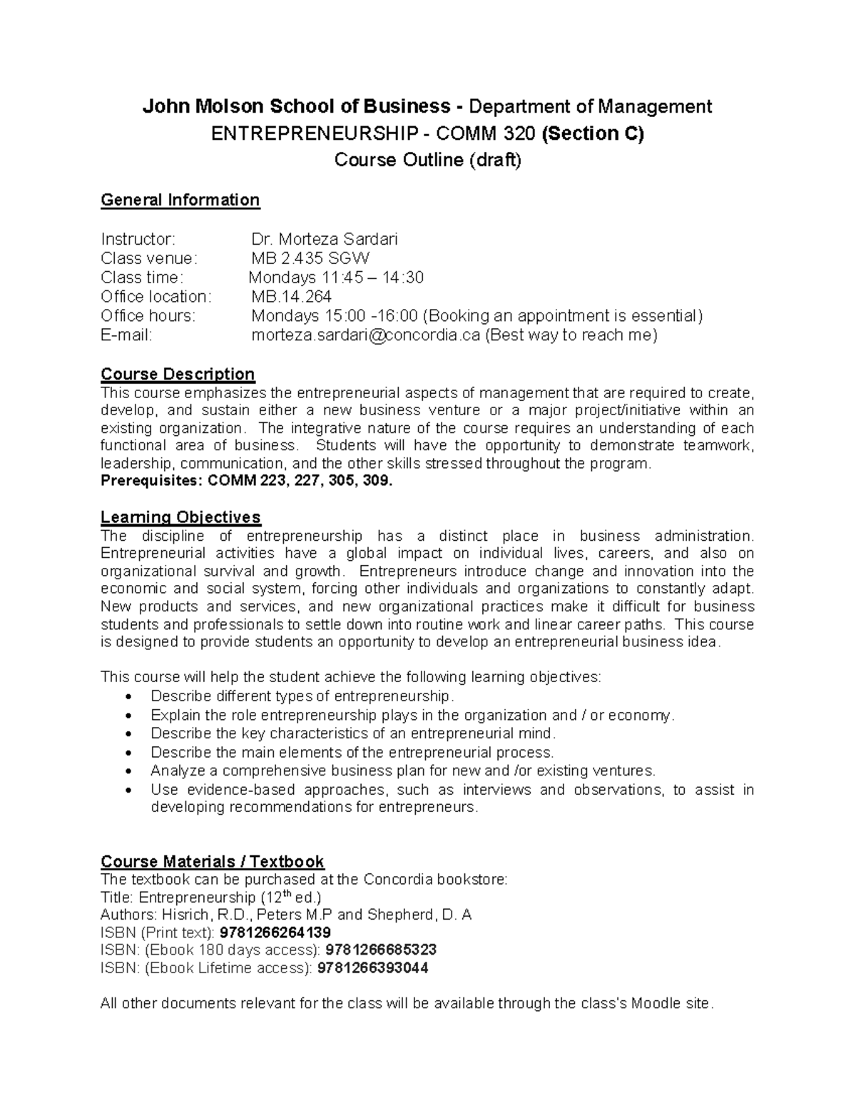 COMM 320 Course Outline - John Molson School of Business - Department ...