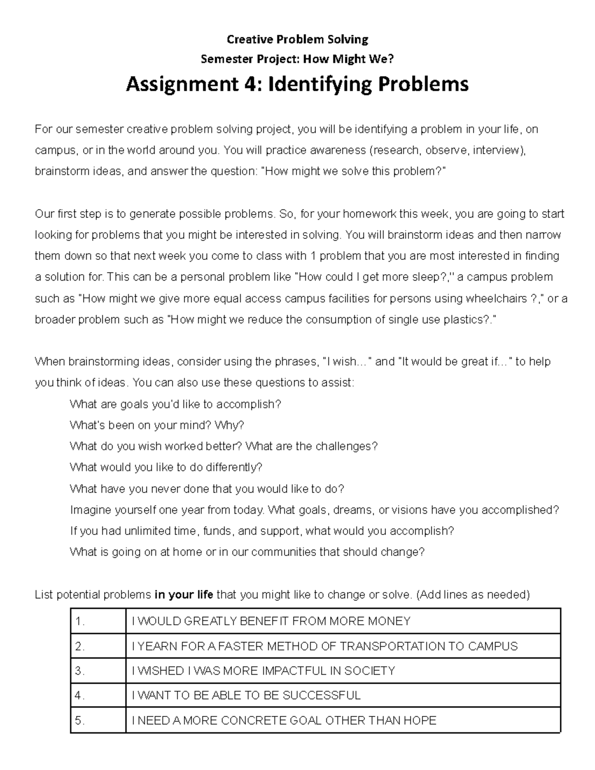 Copy of Assignment 4 Identifying Problems - Creative Problem Solving ...