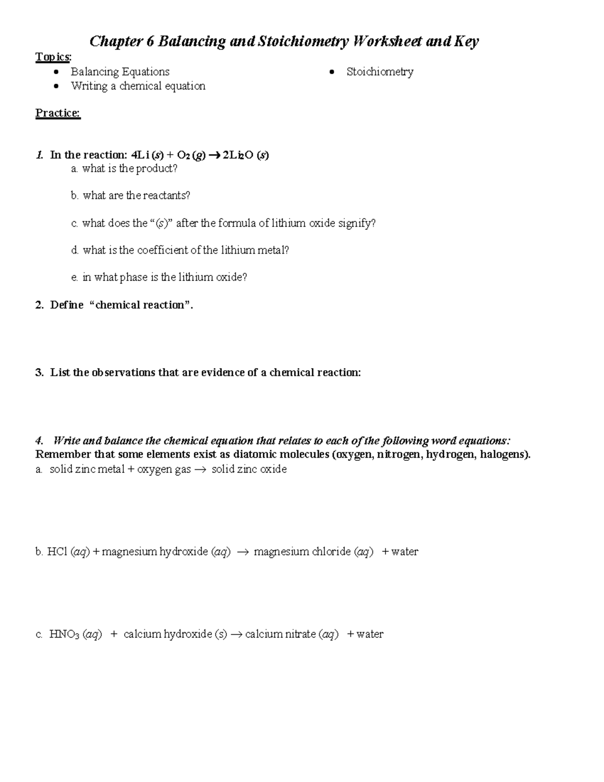 Chapter 6 balancing stoich worksheet and key - Chapter 6 Balancing and Stoichiometry Worksheet ...