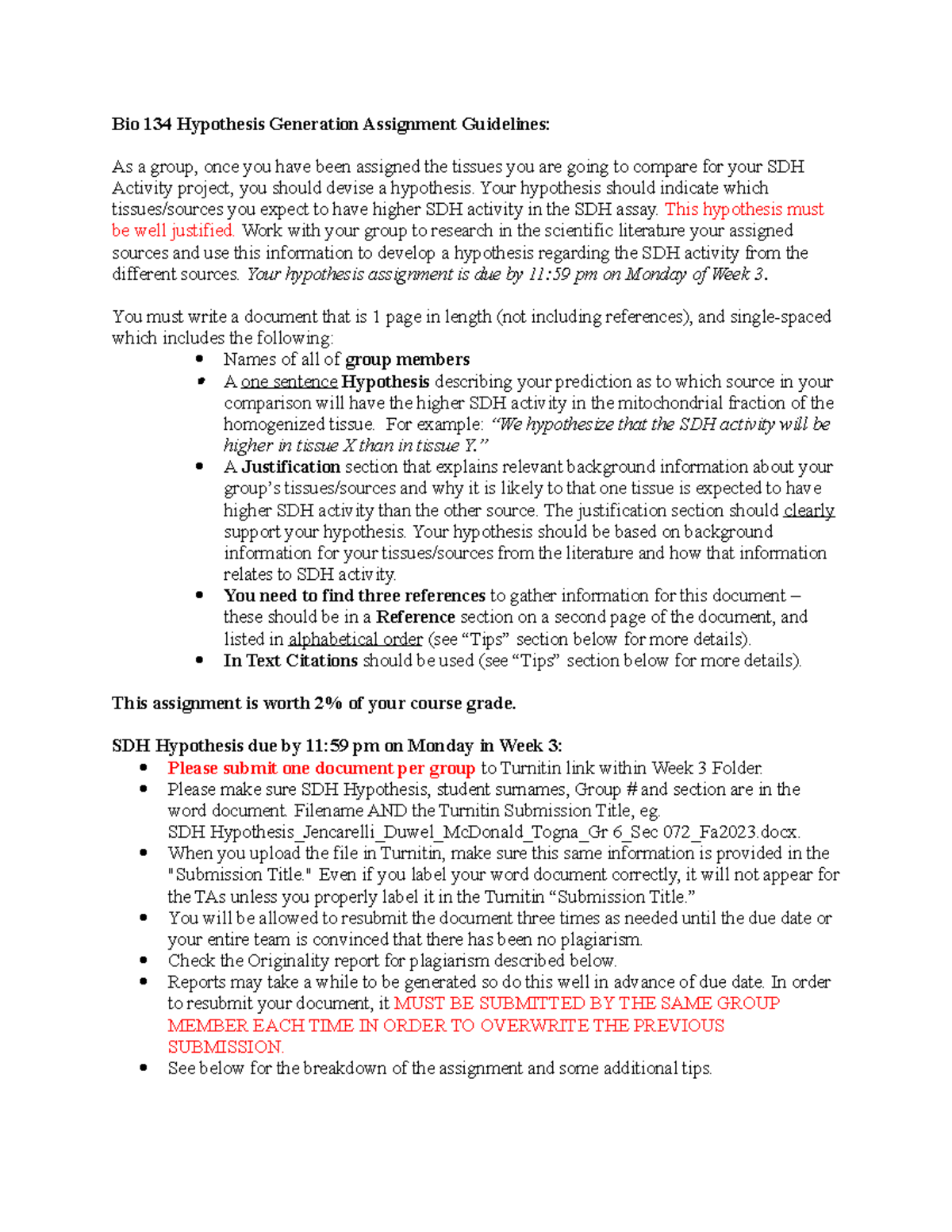 Bio 134 Hypothesis Generation Assignment Guidelines - Studocu