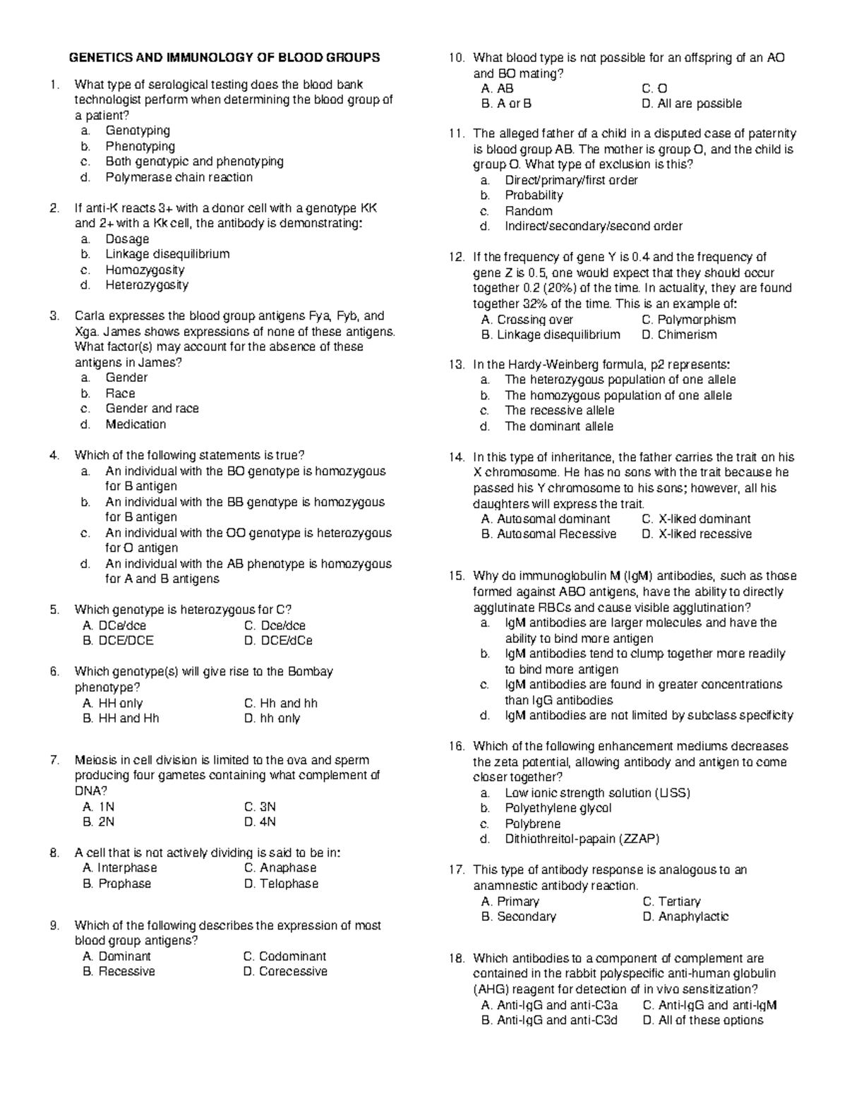 REVIEW QUESTIONS BLOOD BANK HARR - GENETICS AND IMMUNOLOGY OF BLOOD ...