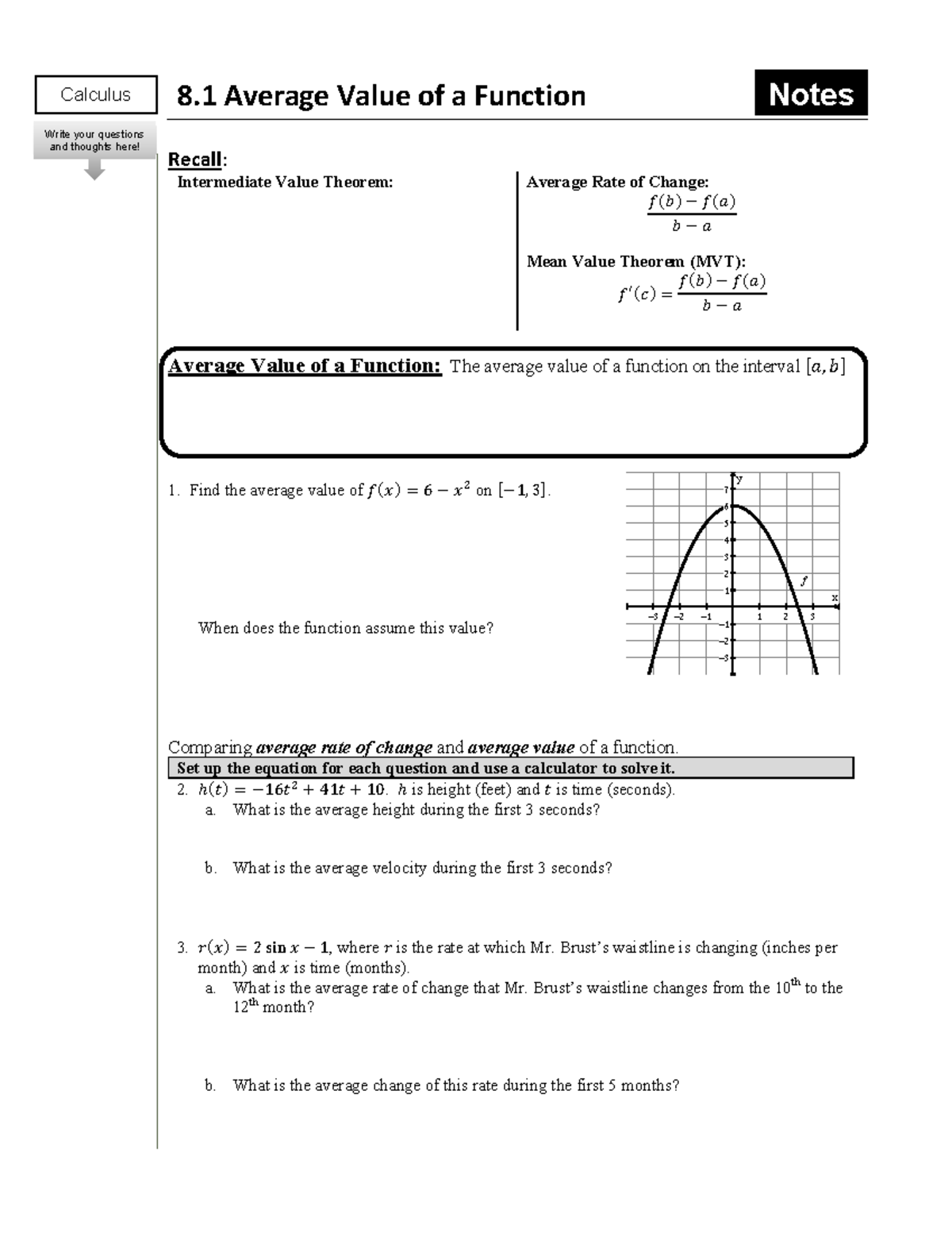 Calc Application of Integrals - Recall: Intermediate Value Theorem ...