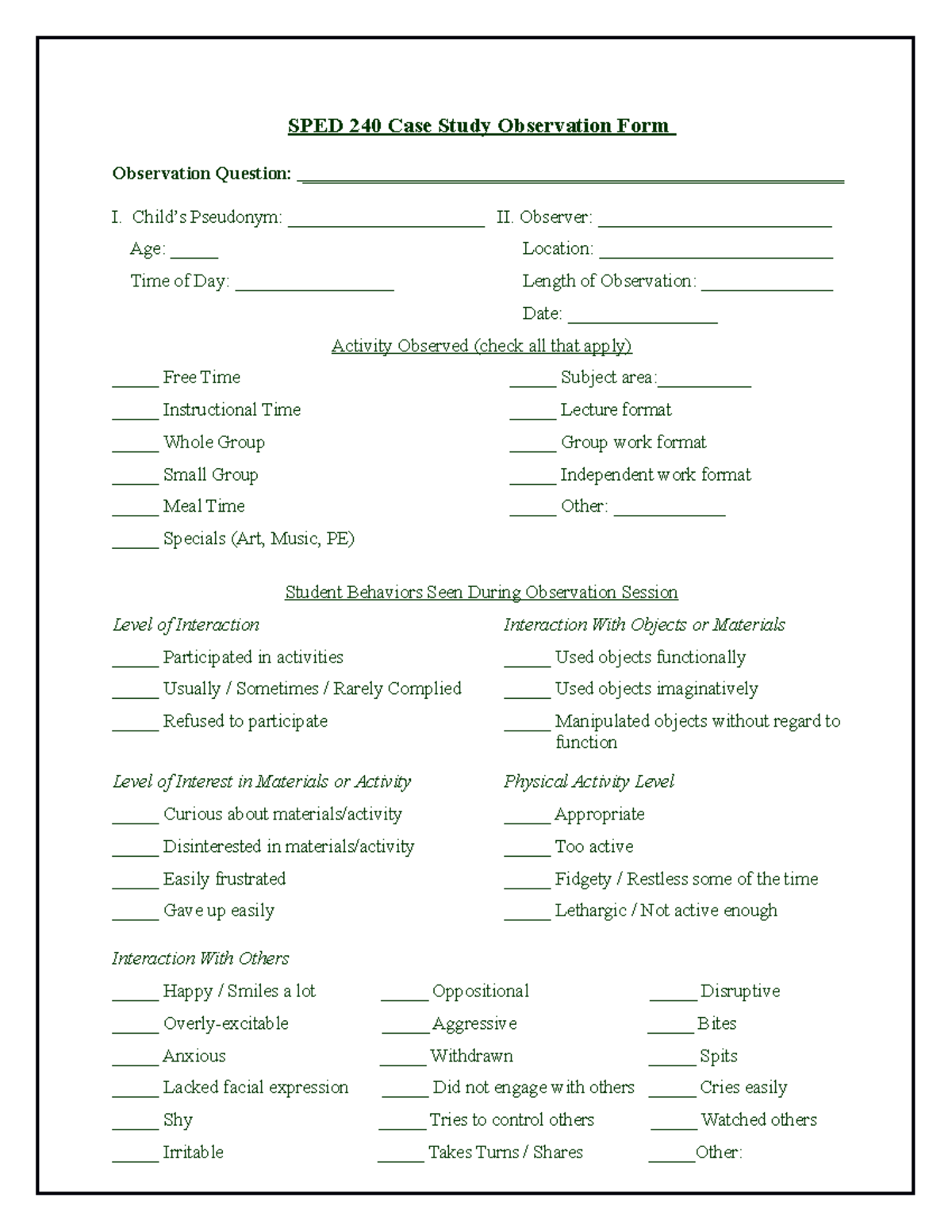 SPED 240 Classroom Observation Form in Checklist Format - SPED 240 Case ...
