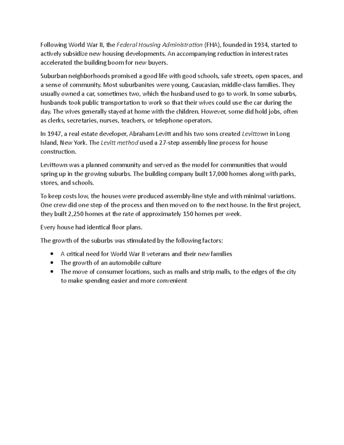 Rise of the suburbs - Following World War II, the Federal Housing ...