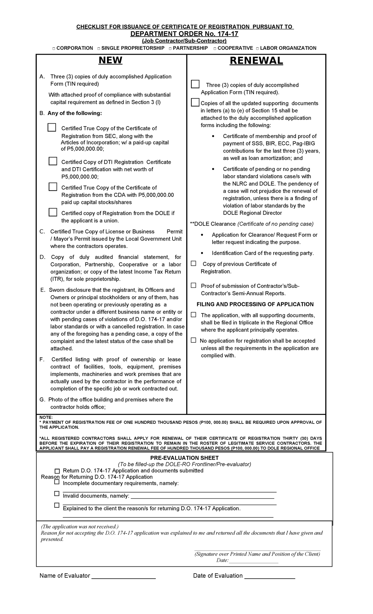 D O 174-17 Checklist - CHECKLIST FOR ISSUANCE OF CERTIFICATE OF ...