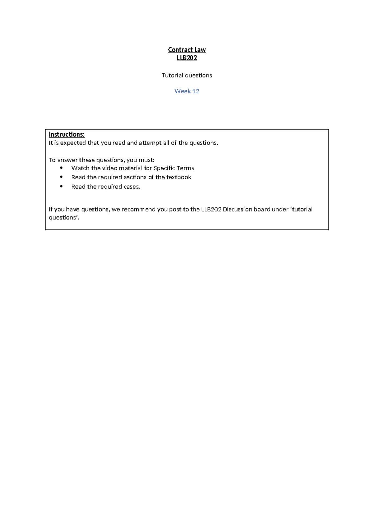 LLB202 Week12Tutorial - Contract Law LLB Tutorial questions Week 12 ...