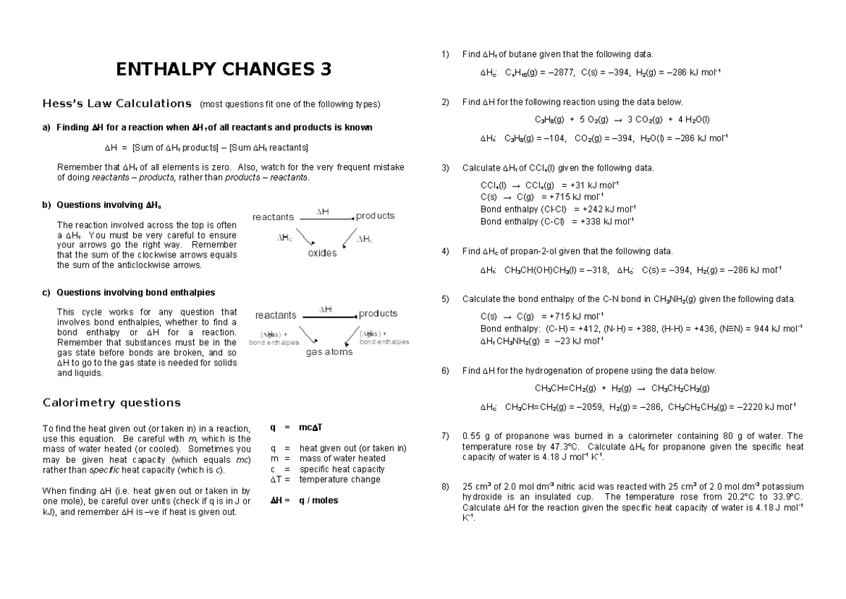 Enthalpy-questions-3 - ENTHALPY CHANGES 3 Hess’s Law Calculations (most ...