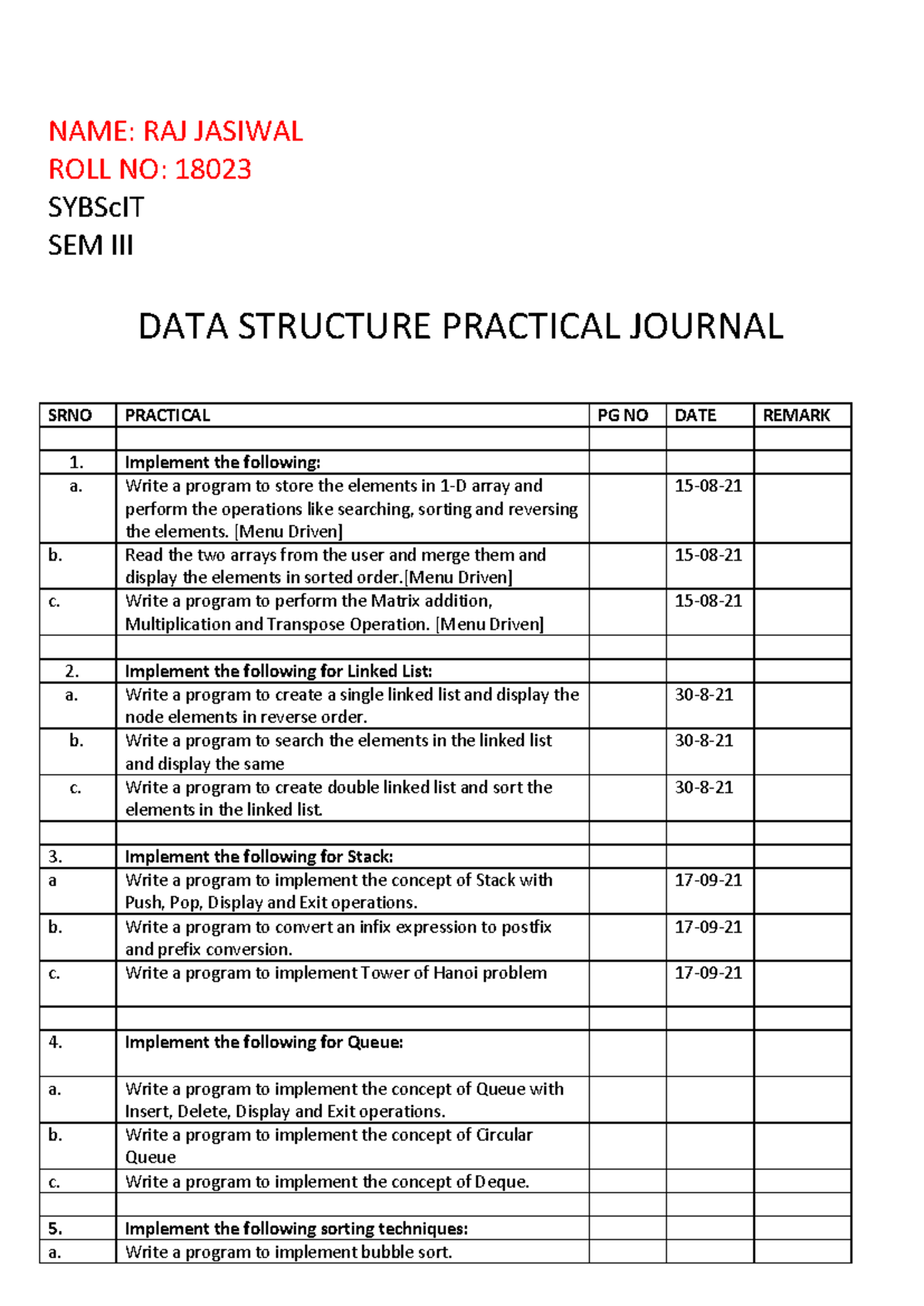 DATA Structure Practical Journal SEM3 - NAME: RAJ JASIWAL ROLL NO ...