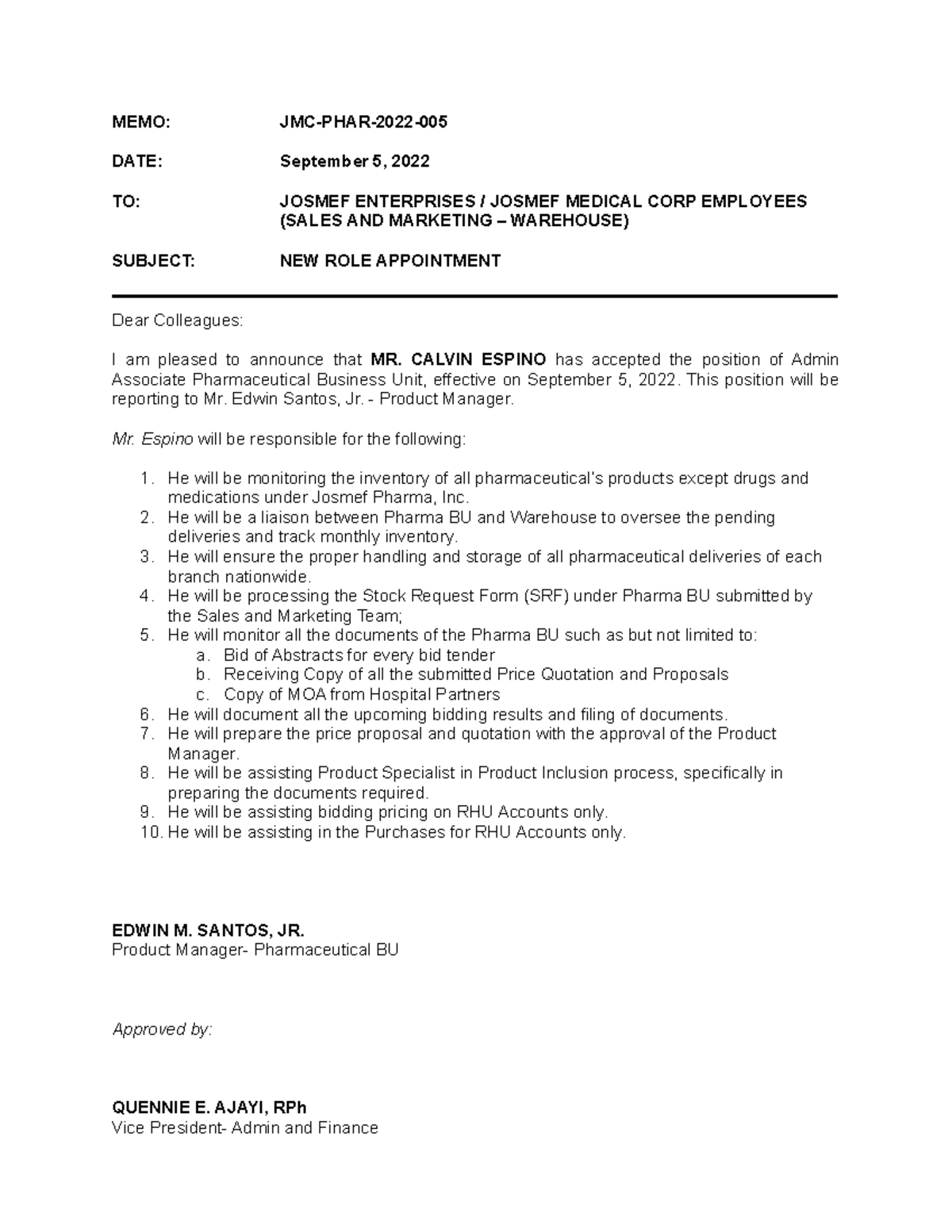 JD Calvin Espino Admin Pharma 2022 - MEMO: JMC-PHAR-2022- DATE ...