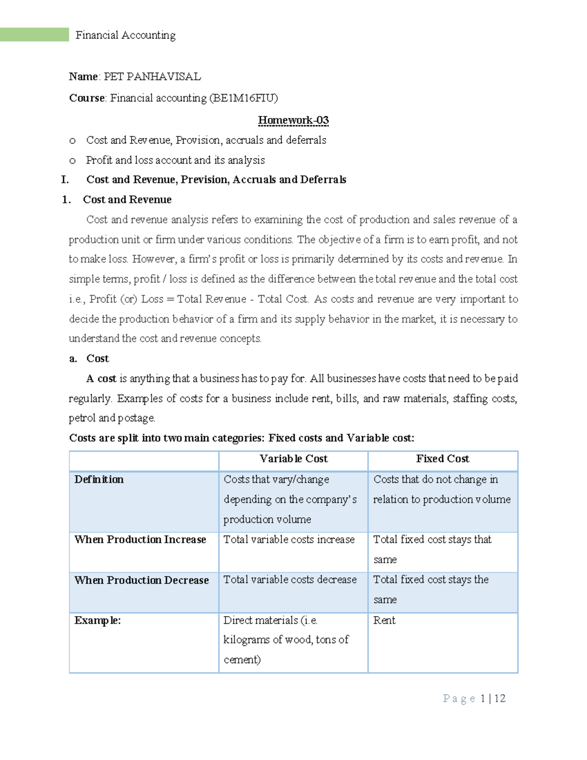03-Financial Accounting Homework(Cost and Revenue, Provision, accruals ...