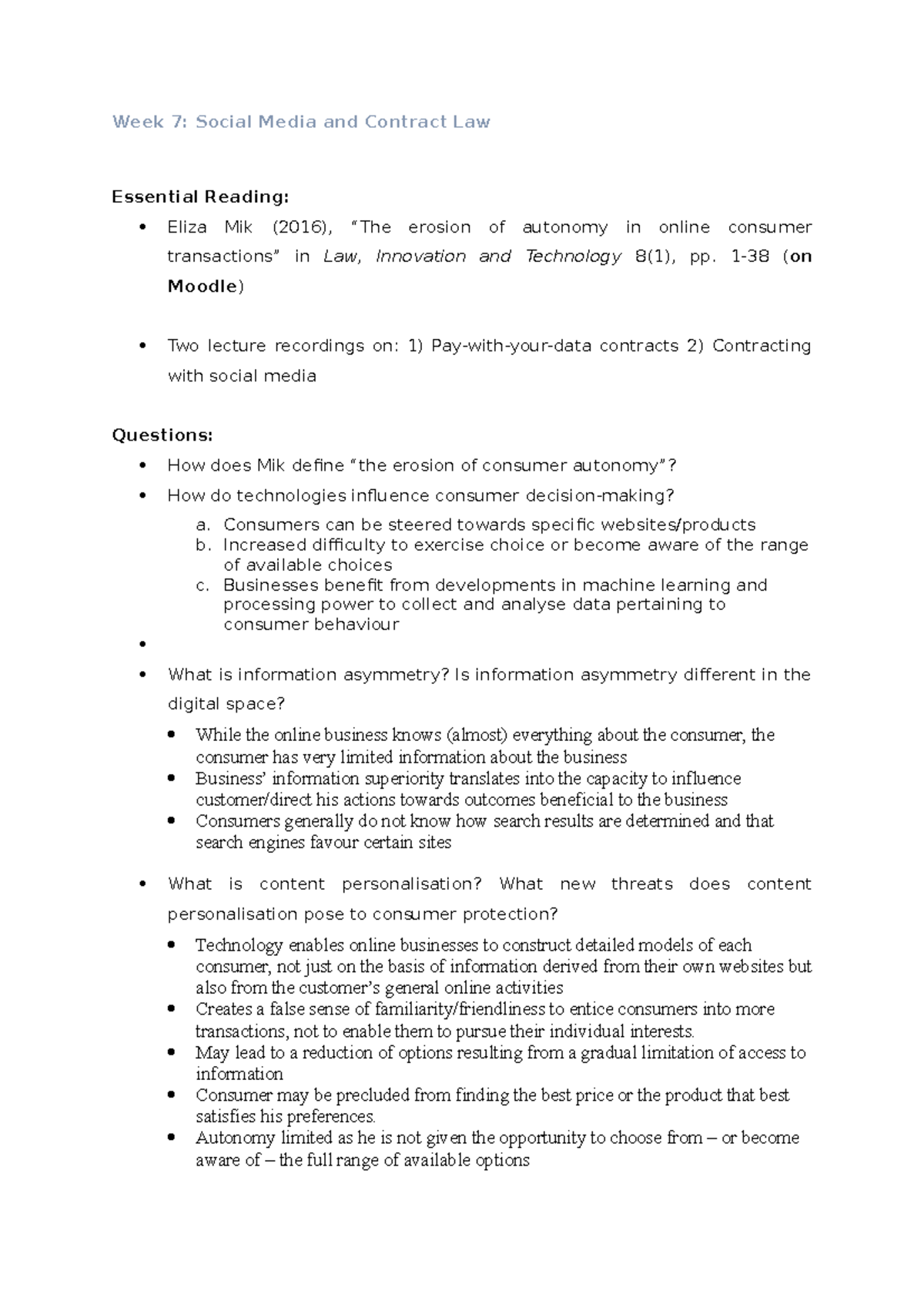 Contract Seminar questions Week 7 - Week 7: Social Media and Contract ...