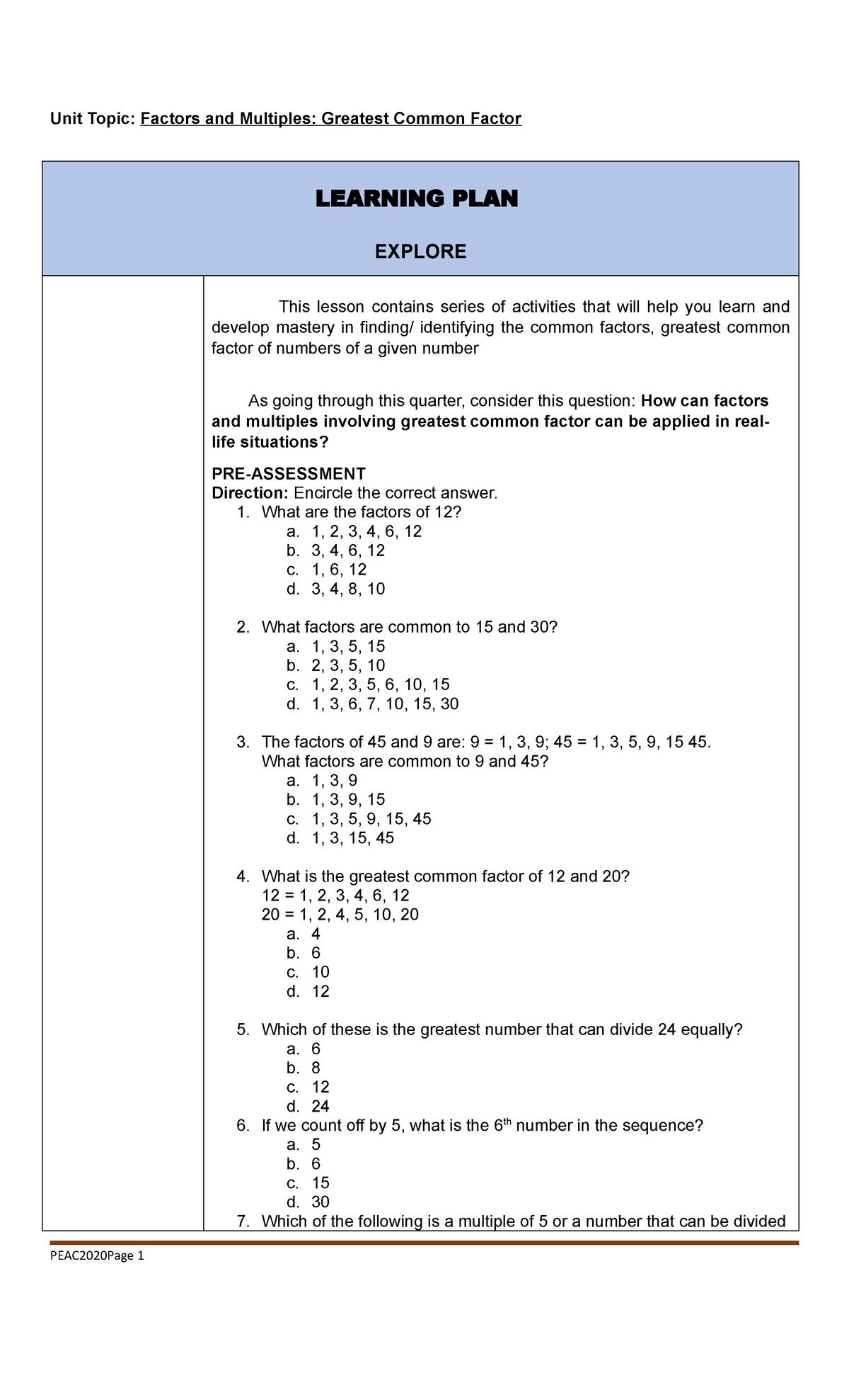 2nd Quarter Math 4 Learning Plan - Unit Topic: Factors and Multiples ...