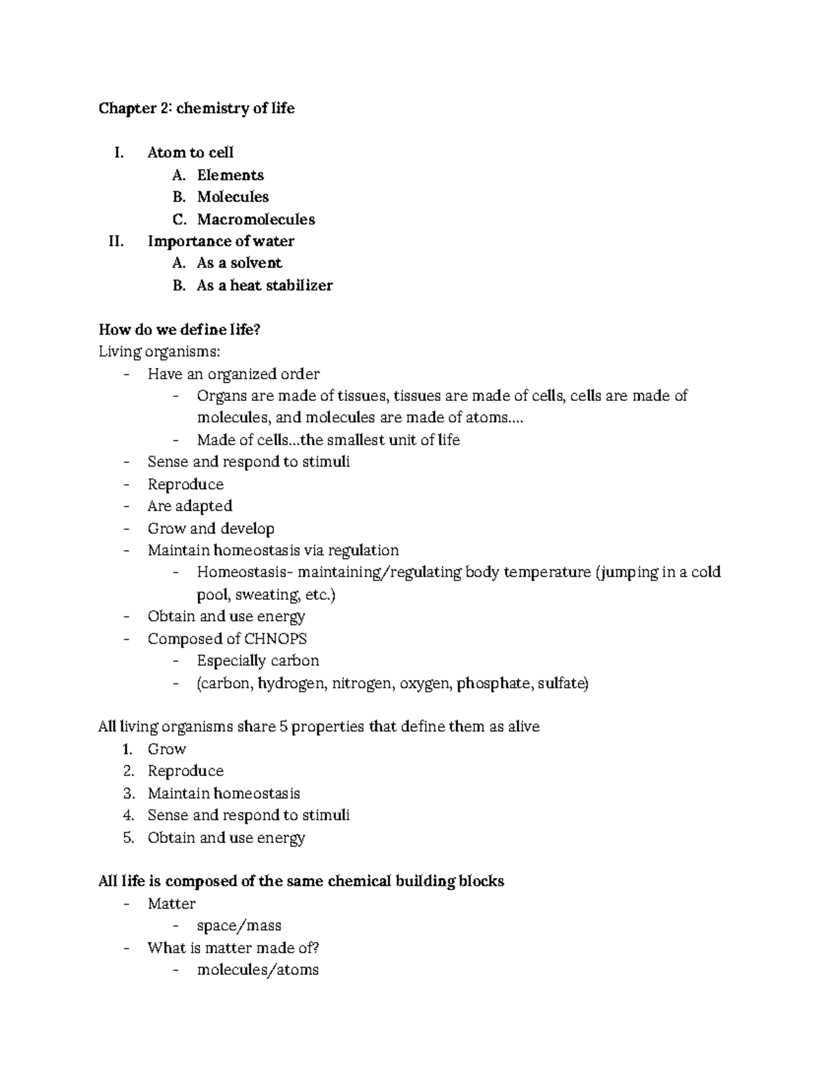 Chapter 2: chemistry of life - Atom to cell A. Elements B. Molecules C ...