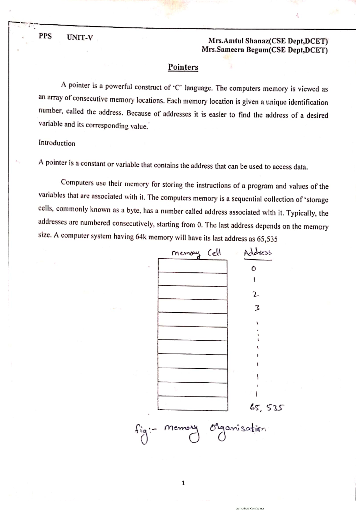 UNIT-5 - Complete pps unit 5 - PPS Mrs Shanaz (CSE Dept,DCET) Mrs Begum(CSE Dept,DCET) Pointers ...