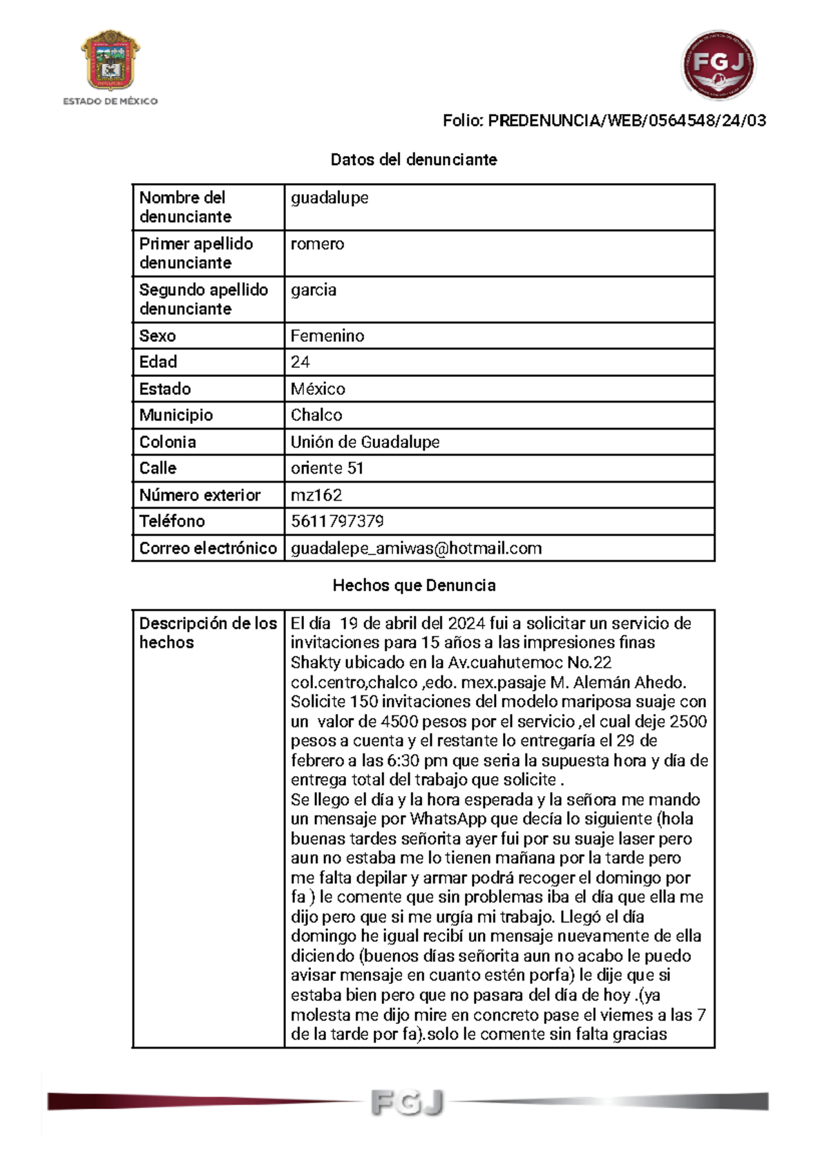 Predenuncia WEB 0564548 24 03 - Folio: PREDENUNCIA/WEB/0564548/24/ Nombre del representante ...