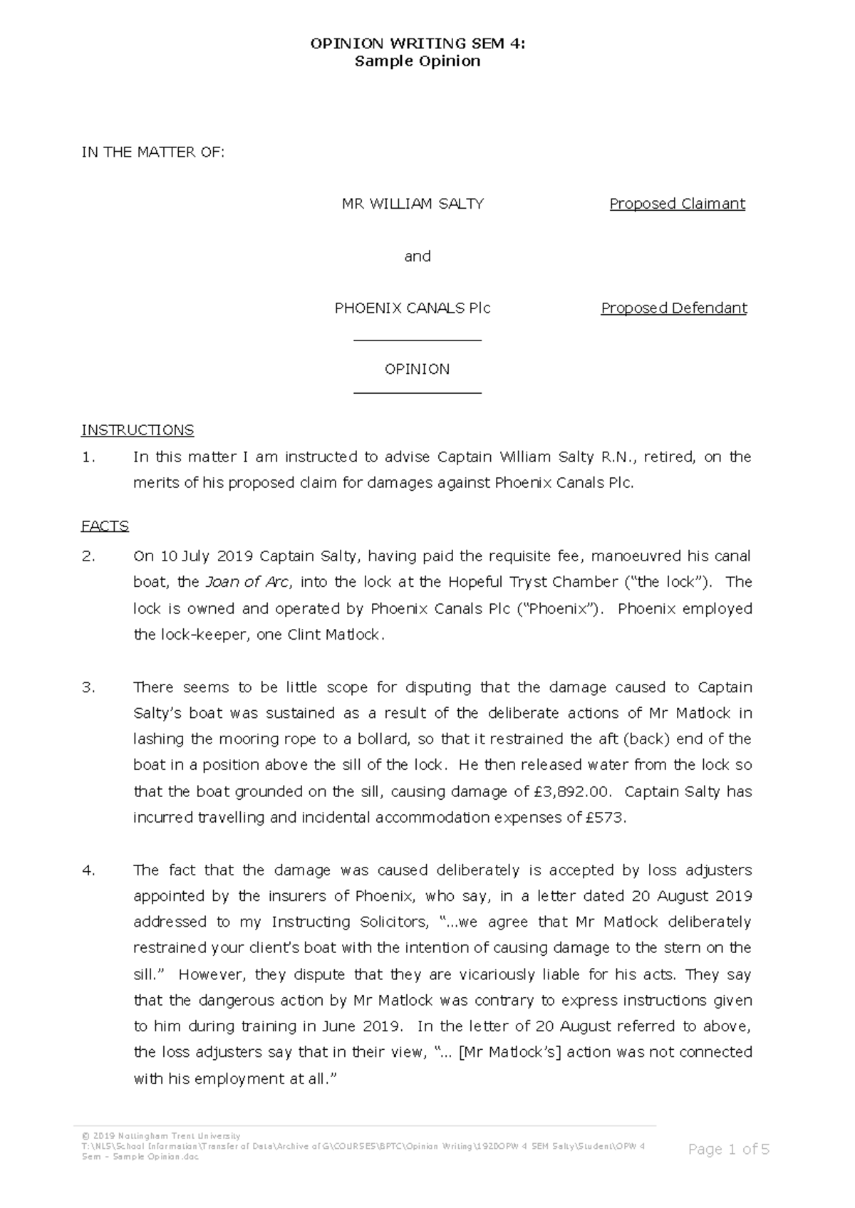 OPW 4 Sem - Sample Opinion - Sample Opinion IN THE MATTER OF: MR ...