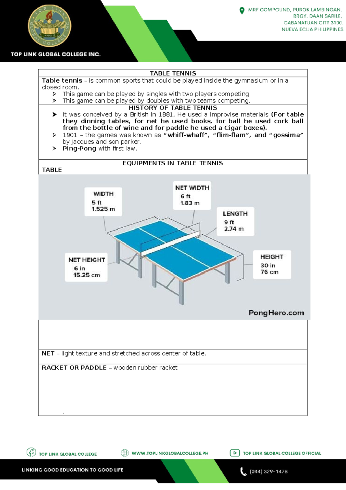 Third Quarterly Examination Reviewer IN PE - TABLE TENNIS Table tennis ...