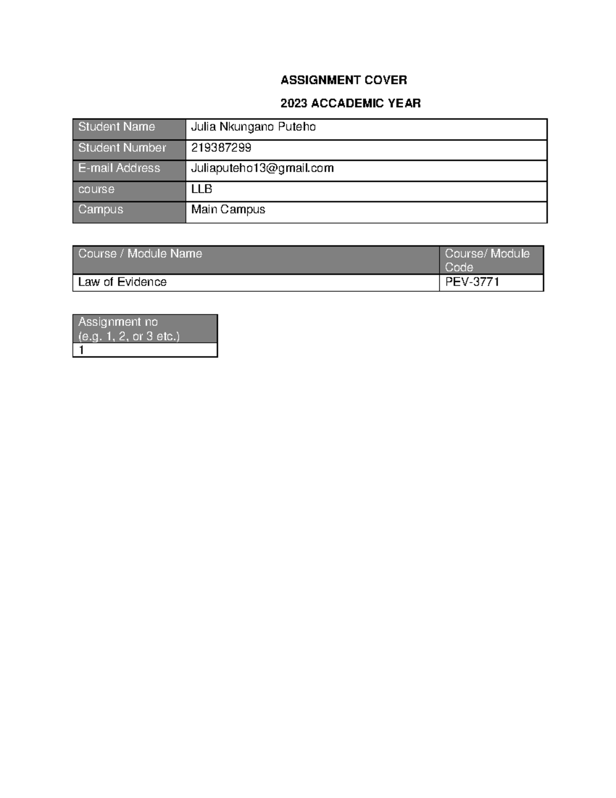 Evidence Assignment - ASSIGNMENT COVER 2023 ACCADEMIC YEAR Student Name ...