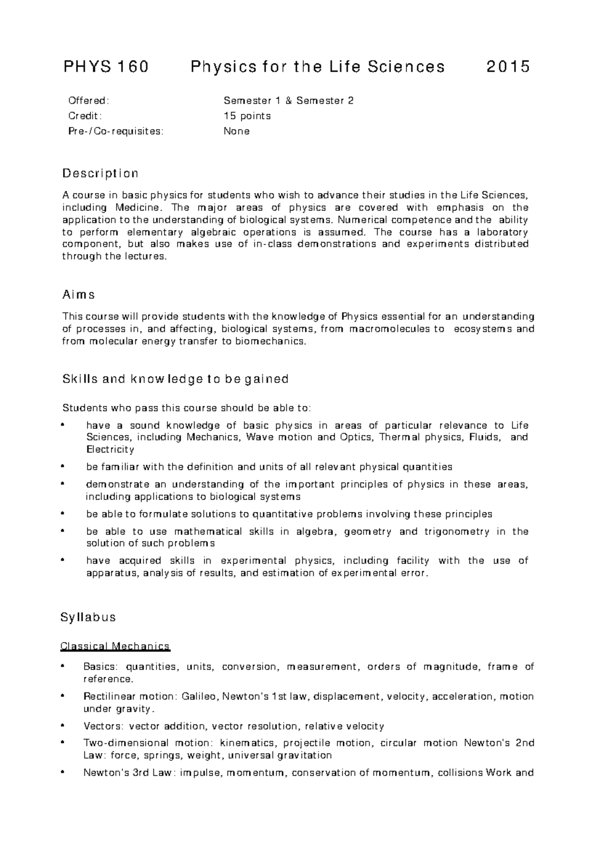 Uo A Physics 160 Course Outline - PH YS 1 6 0 Ph y s i c s f o r t h e ...