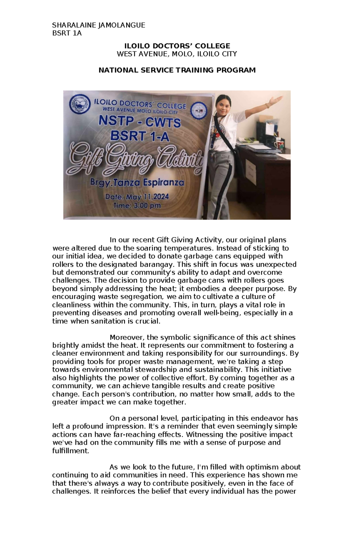 Jamolangue-reaction-paper - SHARALAINE JAMOLANGUE BSRT 1A ILOILO DOCTORS’ COLLEGE WEST AVENUE ...