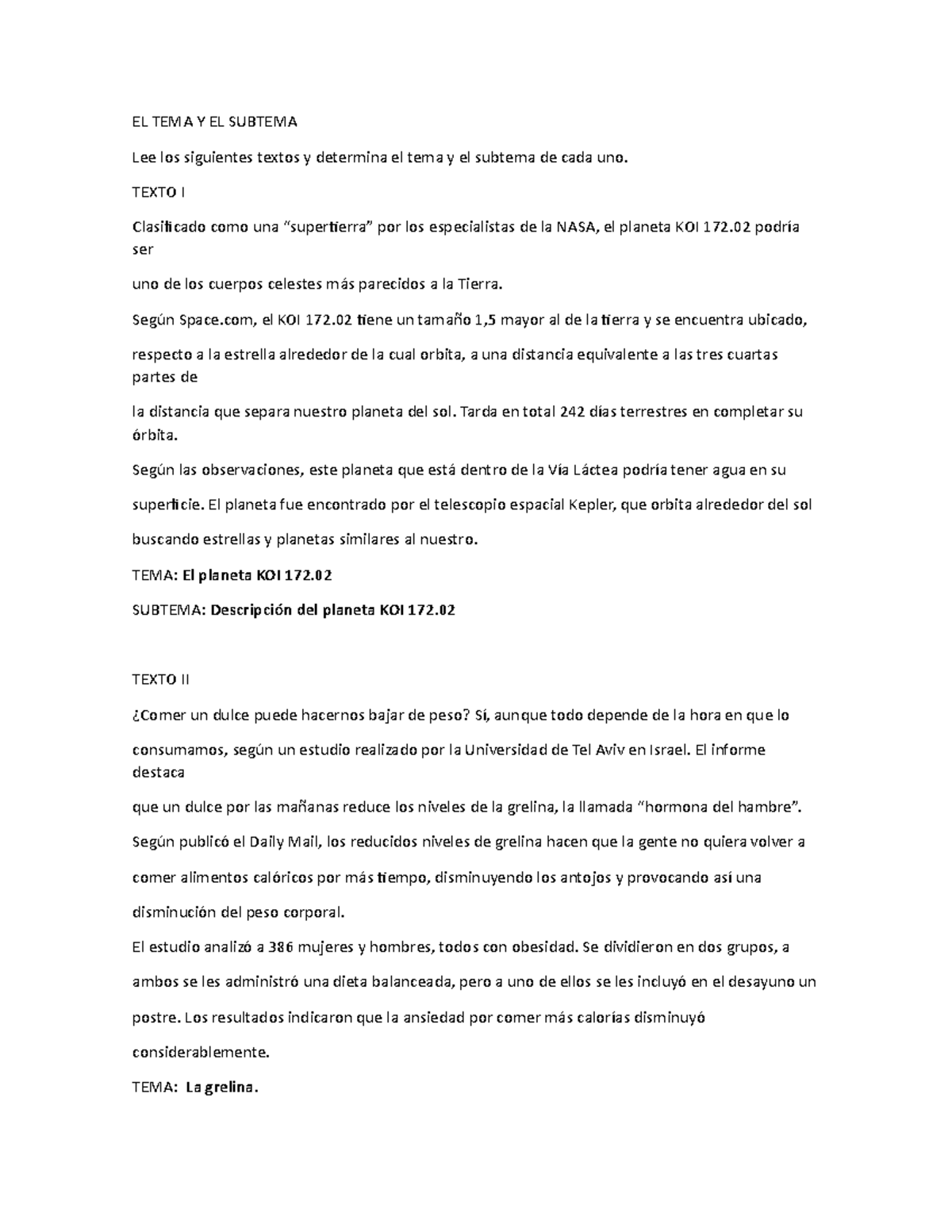 Comunicación tema y sub tema - EL TEMA Y EL SUBTEMA Lee los siguientes ...