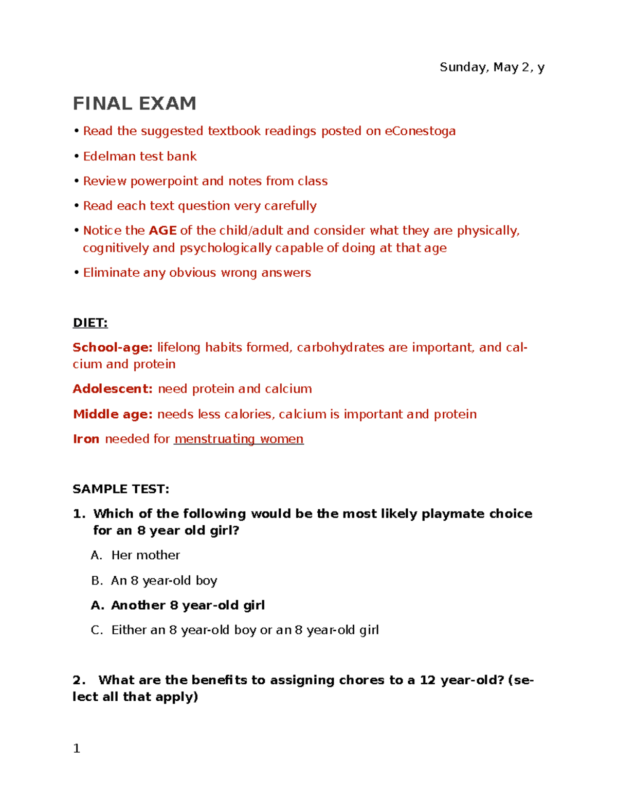 Final Exam Study Guide - Thursday, August 29, y FINAL EXAM Read the ...