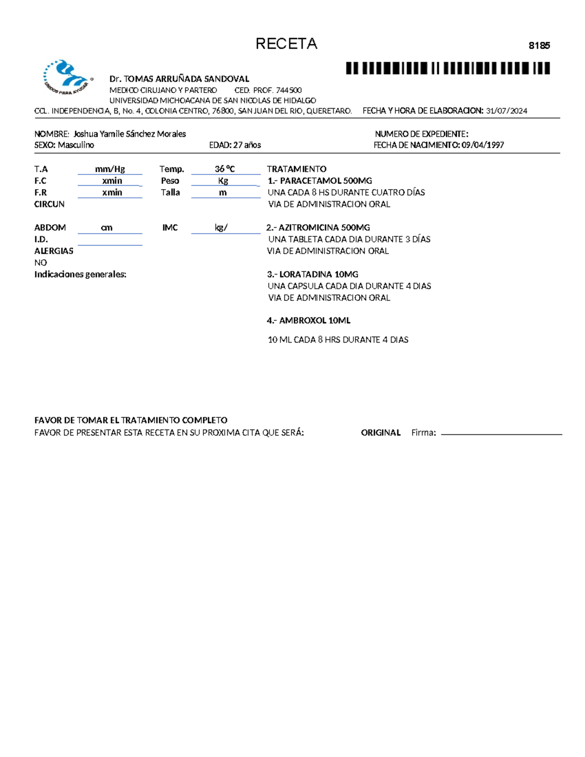 Receta Medica Editable - RECETA 8185 Dr. TOMAS ARRUÑADA SANDOVAL MEDICO ...