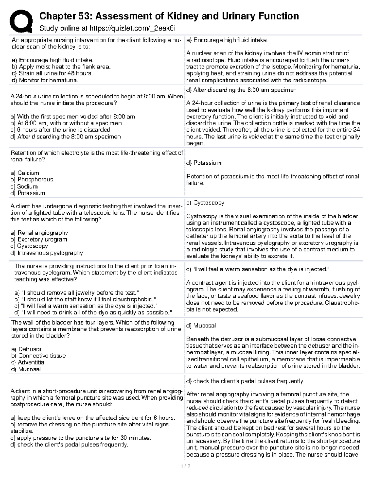 Assessment of Kidney and Urinary Function 2 - Study online at quizlet ...