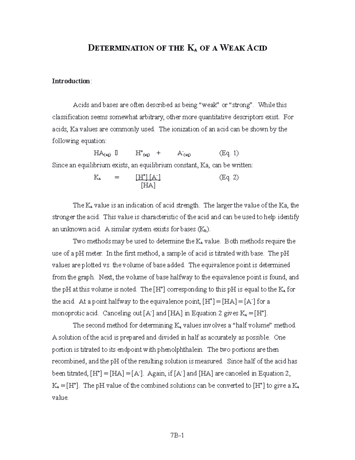 Determination of the Ka ofa Weak Acid - DETERMINATION OF THE KA OF A ...