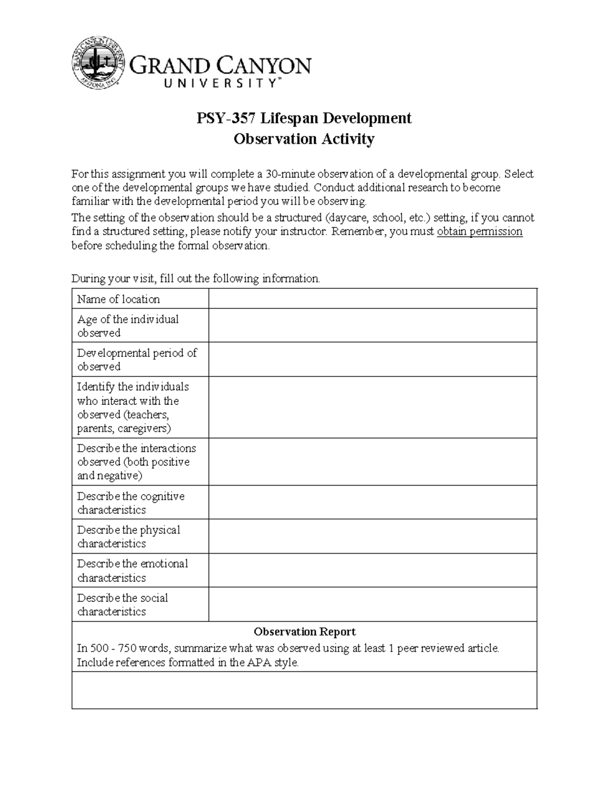 PSY 357 T7 RS Observation Activity - PSY-357 Lifespan Development ...