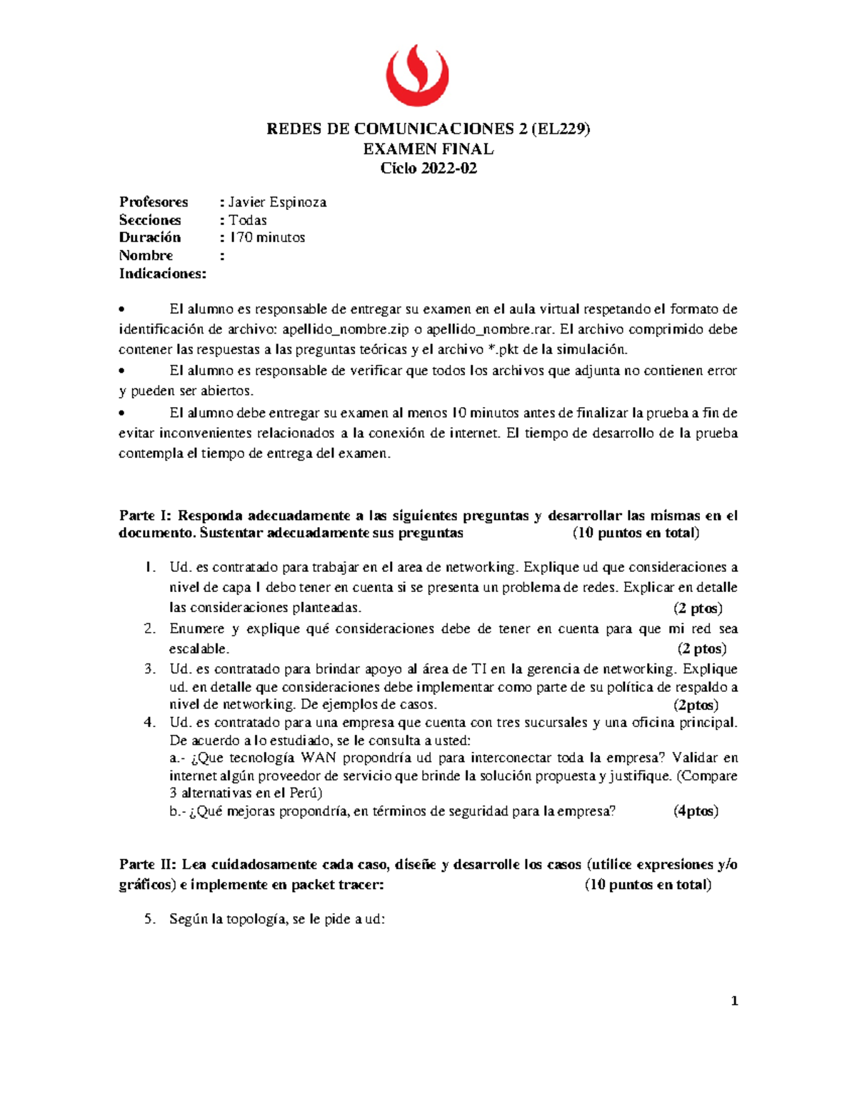 Examen Final de Redes de Comunicaciones 2-2022-2 - 1 REDES DE ...