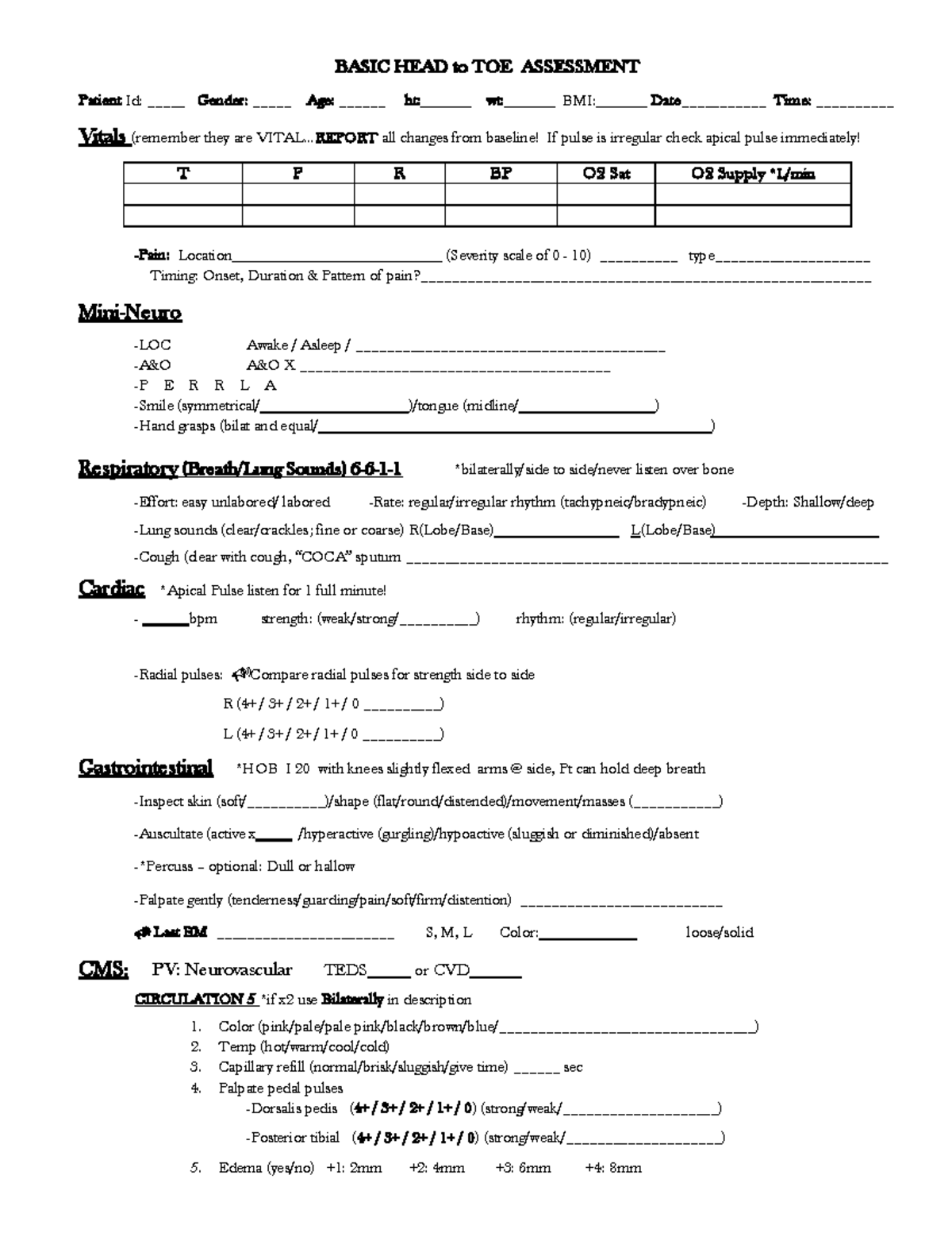 Basic Assessment Print Out - BASIC HEAD to TOE ASSESSMENT Patient Id ...