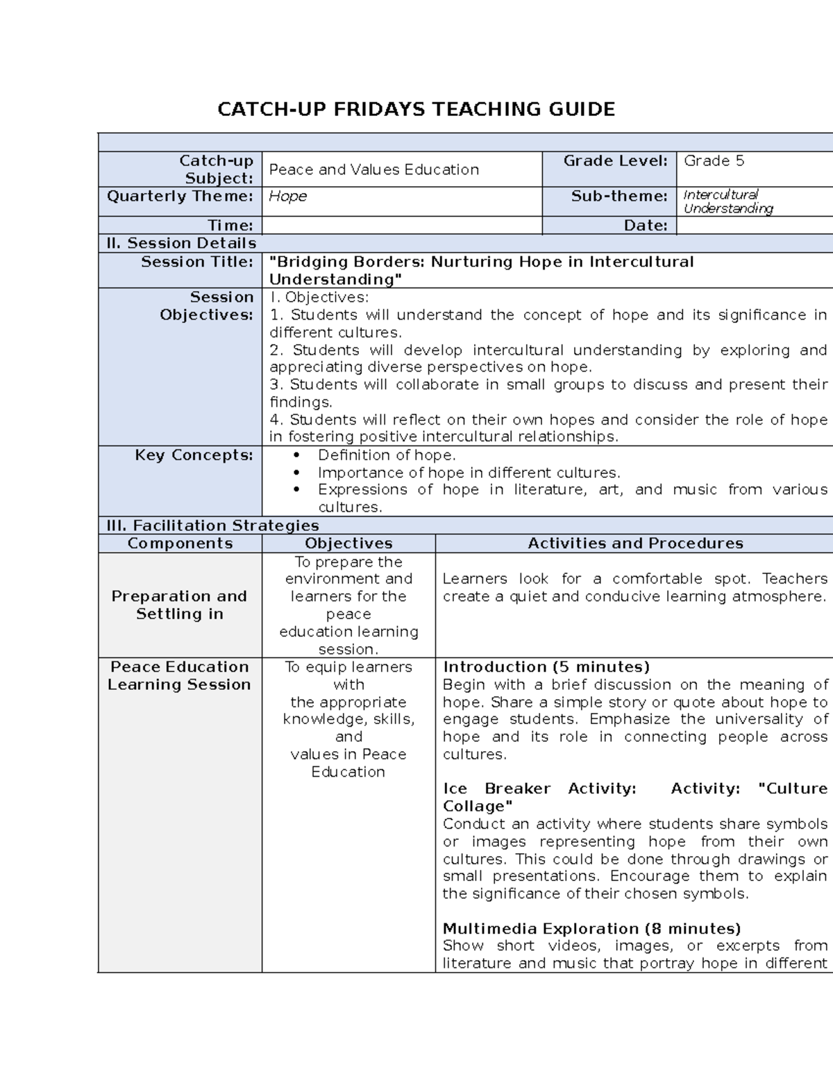 Catch UP Friday Teachers Guide Hope Intercultural Understanding Grade 5 - CATCH-UP FRIDAYS ...