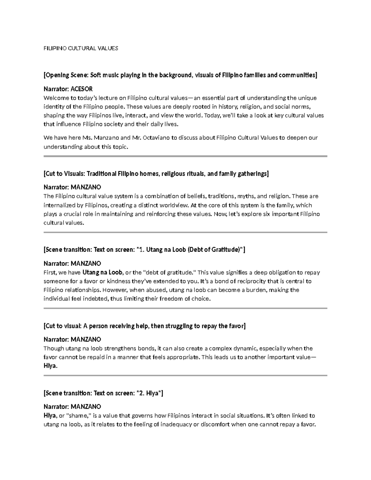 Filipino Cultural Values Script - FILIPINO CULTURAL VALUES [Opening ...