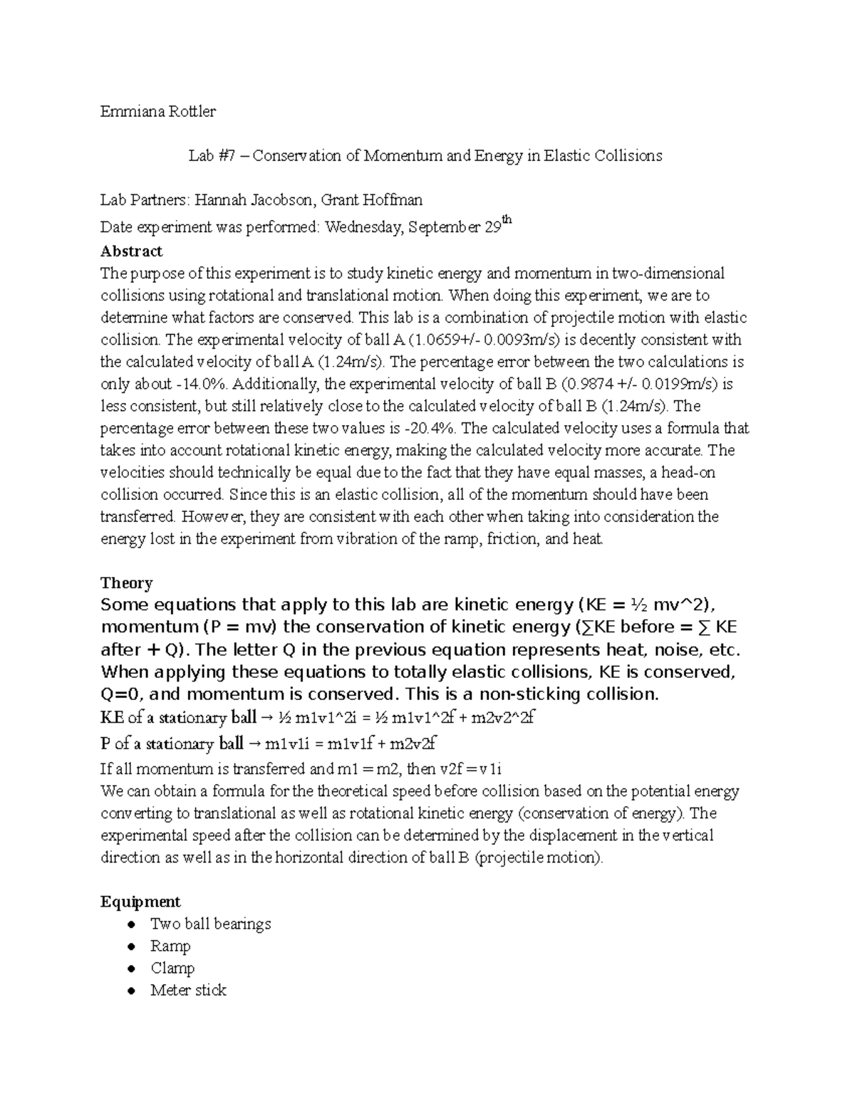Lab #7 Momentum and Energy - Emmiana Rottler Lab #7 – Conservation of ...
