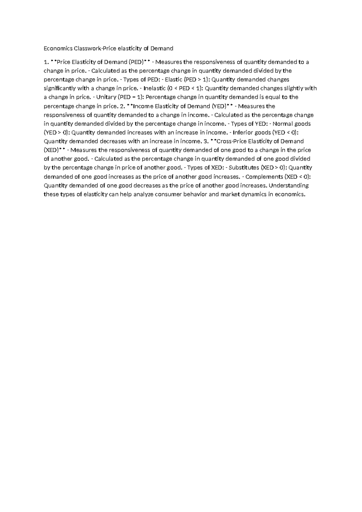 Economics PED - Economics Classwork-Price elasticity of Demand Price ...