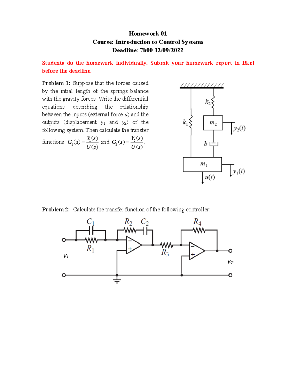 Homework 01 Intro Ctrl Sys Semester 221 L01 - Course: Introduction to Control Systems Homework ...