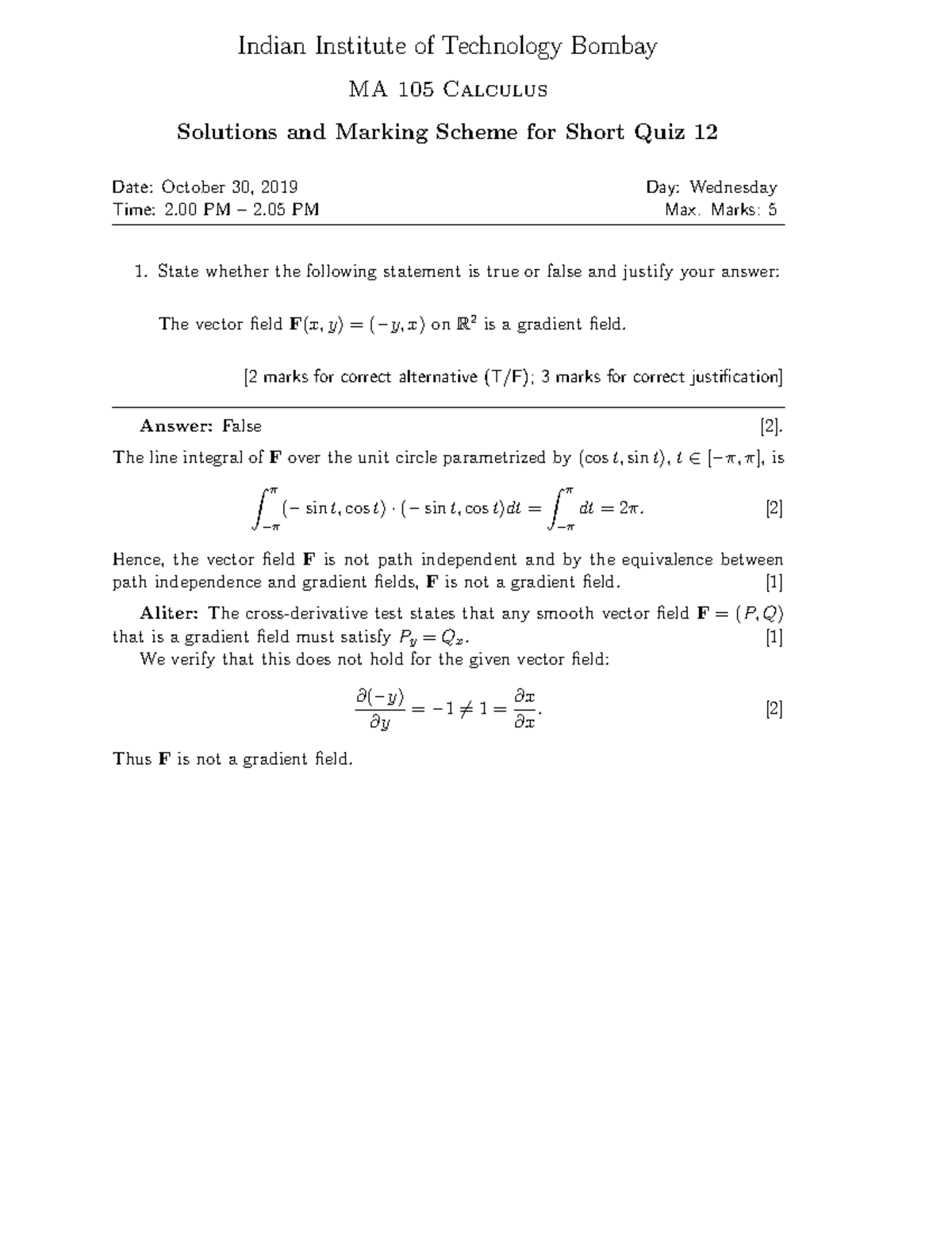 MA105 Short Quiz 12 Paper & Solution - Indian Institute of Technology ...