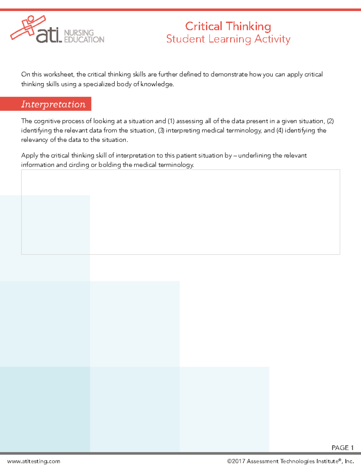 Critical Thinking Student Learning Activity - PAGE 1 Critical Thinking ...