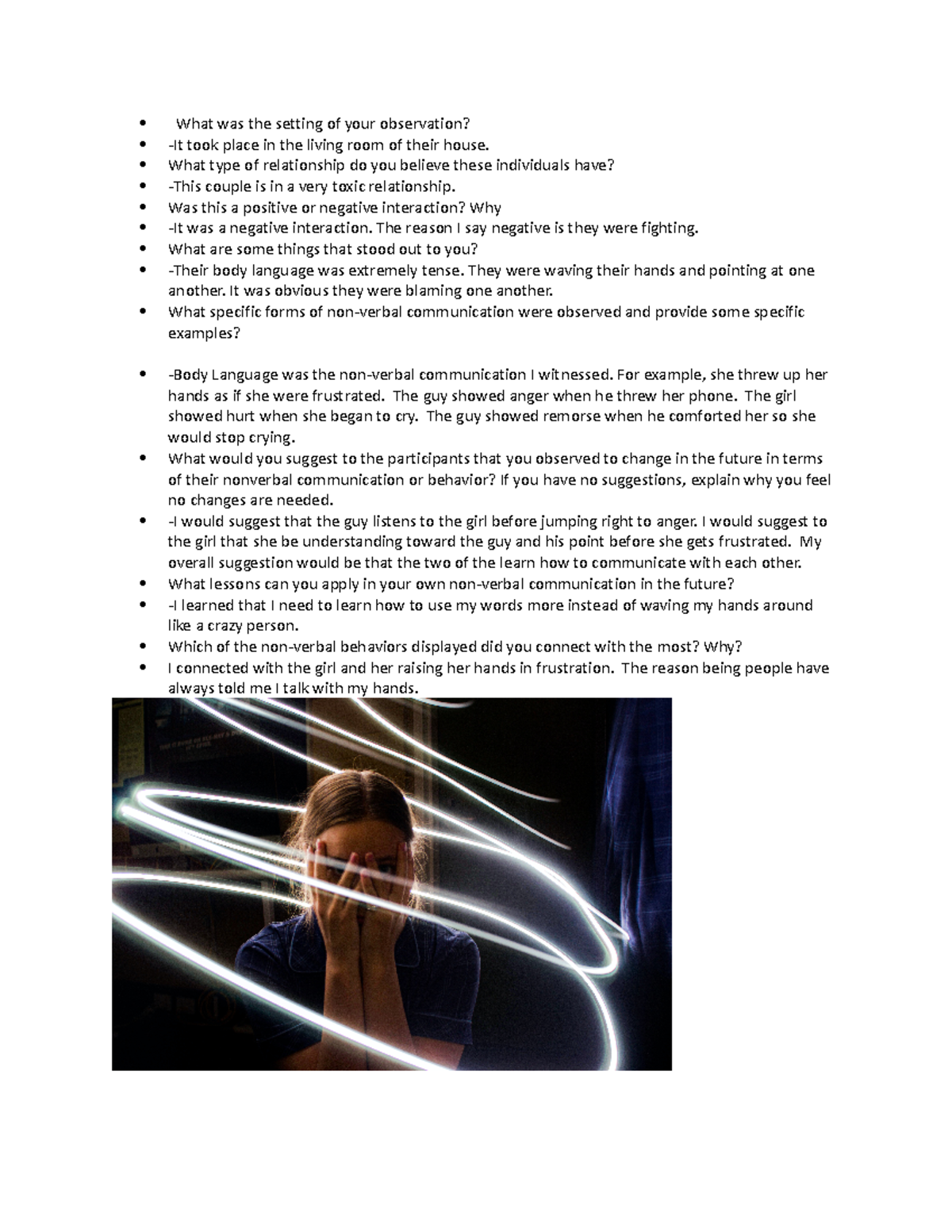 2.4 Nonverbal Observation Assignment - · What was the setting of your ...