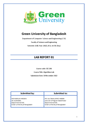 Quick Sort - lab report - Green University of Bangladesh Department of Computer Science and ...